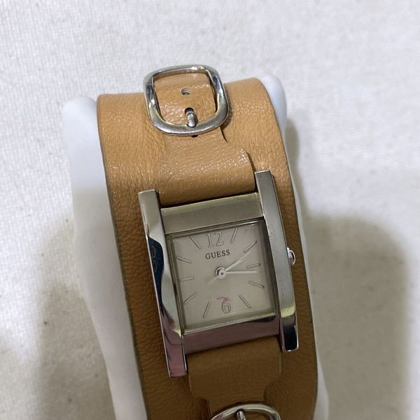 Guess Tank Watch Women Silver Tone Square Brown Leather Cuff Band New ...