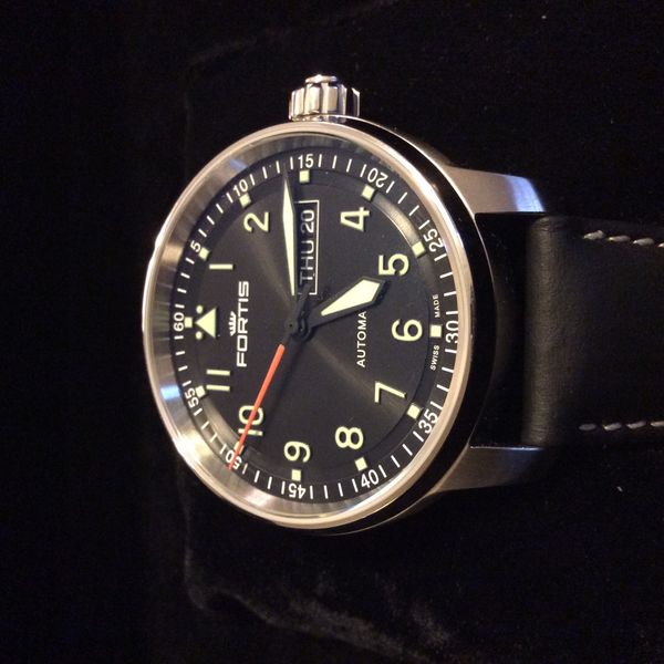 FS:Mint Fortis Flieger Professional Day/Date Black Leather Strap, Full ...