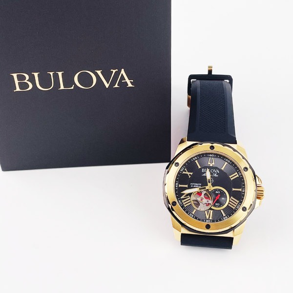 Bulova 98A272 Men's Watch Marine Star Automatic Black Dial Gold Case ...