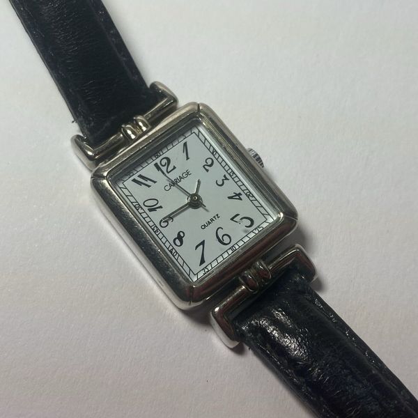 Carriage Timex Watch Womens Silver Tone Case A Black Band Quartz Analog ...