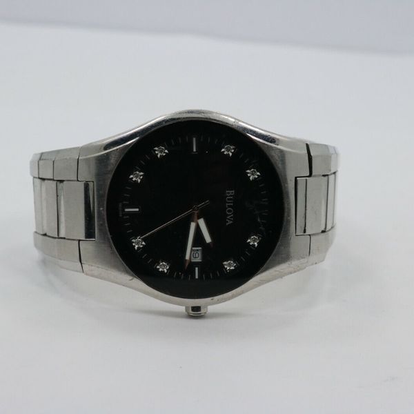Mens Bulova C8671464 Silver Steel Black Diamond Accented Dial Date ...