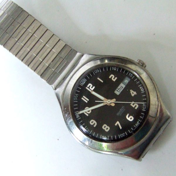 Gents Stainless Steel Swatch Watch with Day/Date on Stretch Bracelet ...