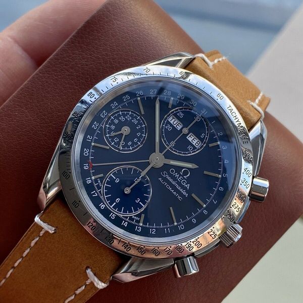Omega Speedmaster Navy Blue Dial Men's Automatic Triple date Brown ...