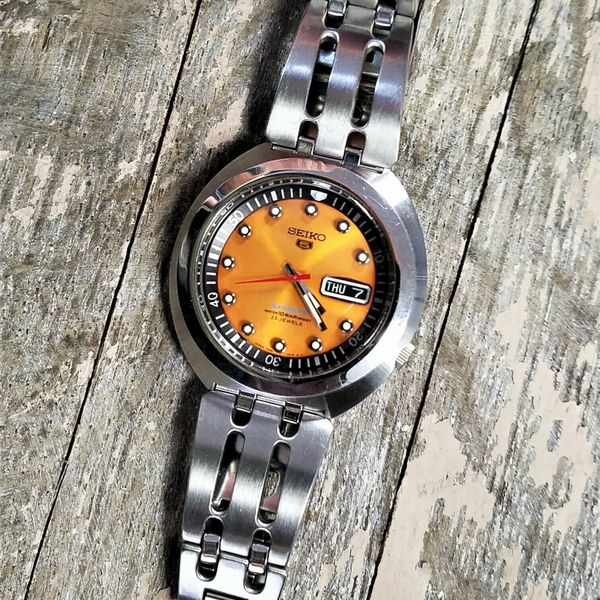Vintage SEIKO Sports 5 Watch Reissue Orange Face Auto Internal Bezel ...