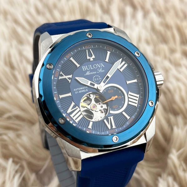 Bulova Marine Star Automatic 45mm Blue Dial Blue Rubber Strap Men's ...