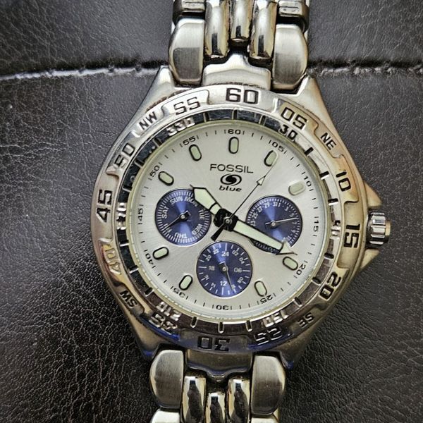 VINTAGE FOSSIL BLUE MENS QUARTZ WATCH BQ8775 3 SUB DIALS ROTATING BEZEL ...