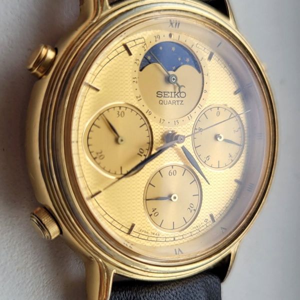 SEIKO 7A48-702A Moon Phase Quartz Chronograph Analog Wristwatch ...