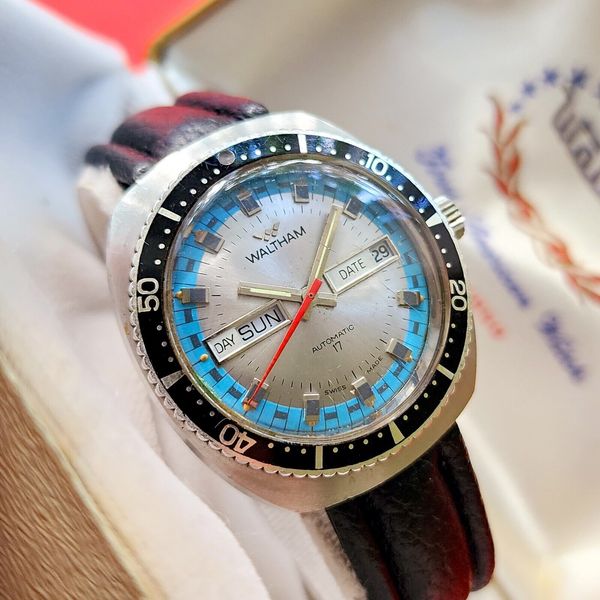 Waltham Divers Watch Vintage Day Date Blue Tropic Band With Box B-340 ...