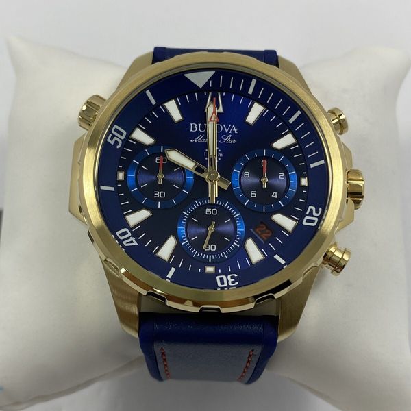 Bulova Marine Star Chronograph Quartz Blue Dial Leather Strap Men's ...