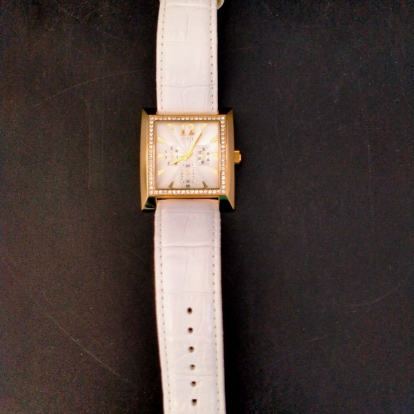 GUESS Elle White Leather Gold Metal Japanese Movement Watch w ...