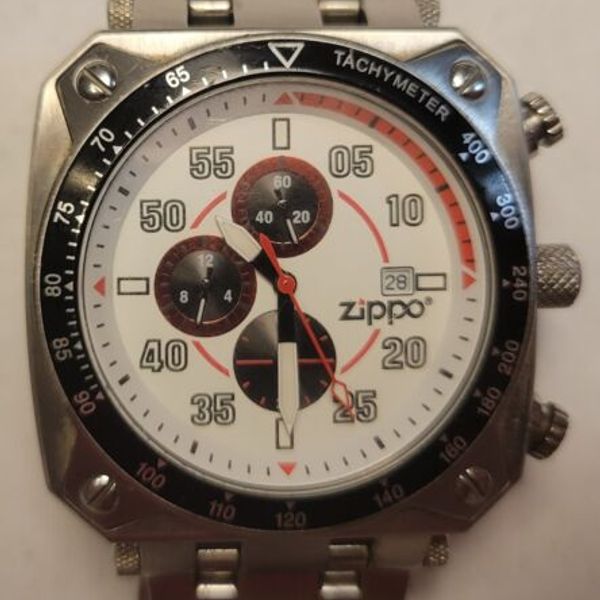 RARE ZIPPO Cronografo Orologio Con Quadrante Bianco Acciaio Inox-Nuovo ...