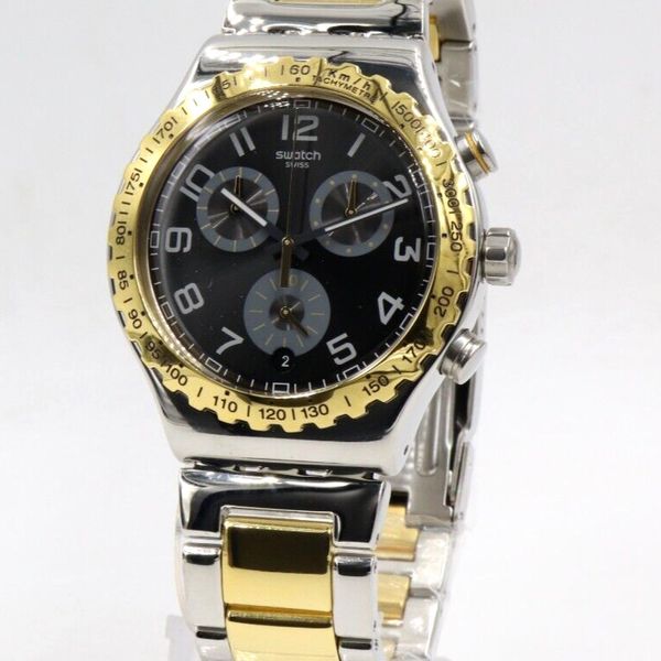 New Swiss Swatch Irony Golden Youth Chronograph Men Watch 44mm YVS427G ...
