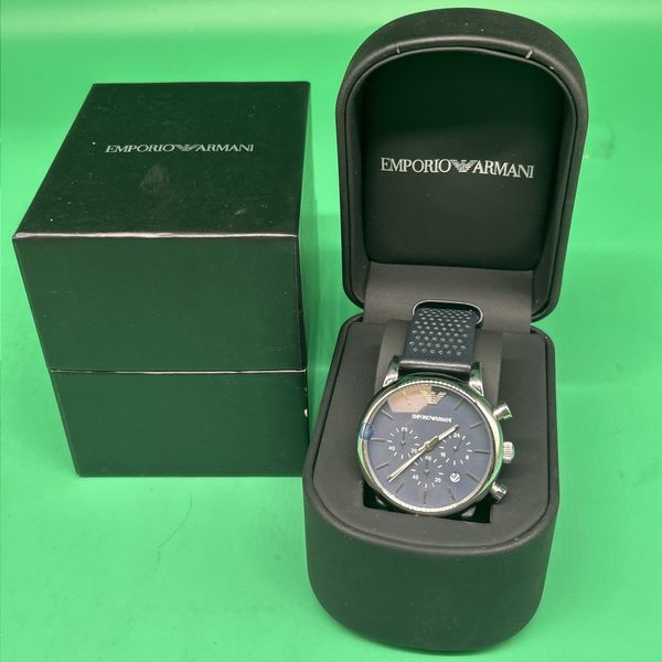 Emporio Armani AR1736 Chronograph Date Blue Dial Gray Leather Men's ...