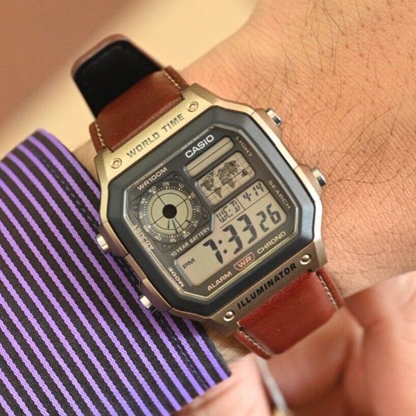 Casio AE-1200WHL-5A Digital Brown Leather World Time World Map Sporty ...