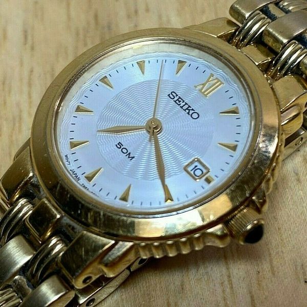 Seiko 7N82-0BR0 Lady 50m Gold Tone Sapphire Analog Quartz Watch Hour ...