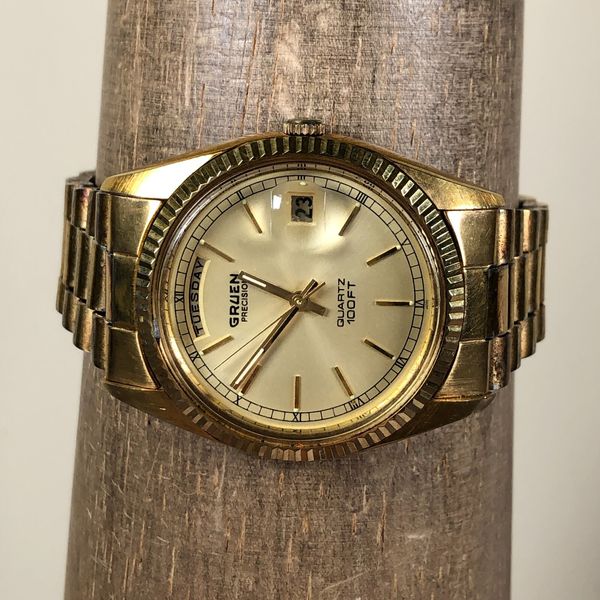 Gruen Precision Men Day Date Gold Tone Bracelet 35mm Quartz Analog ...