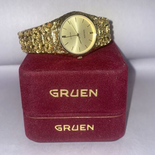Vintage Gruen Gold Tone Unisex Watch Nugget Texture New | WatchCharts ...
