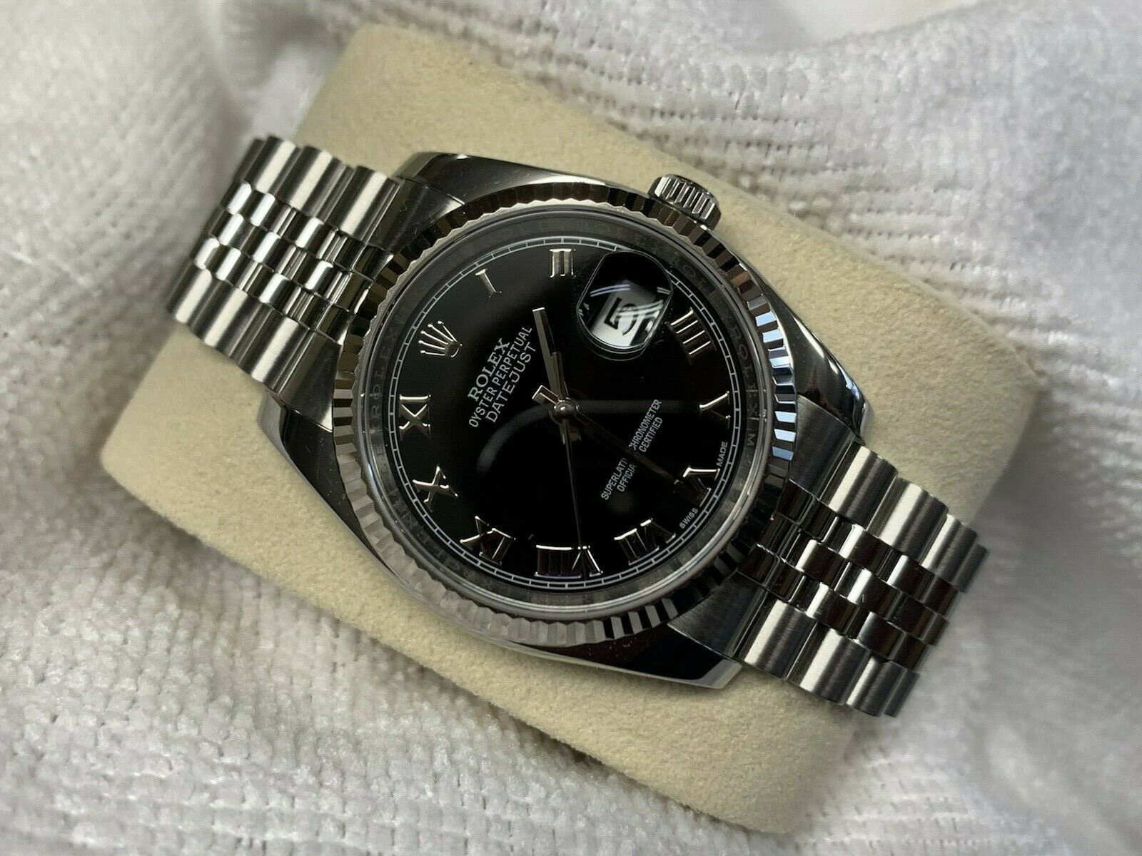 Rolex Datejust 116234 Black Dial 36mm Jubilee 18K Fluted Bezel Watch w ...