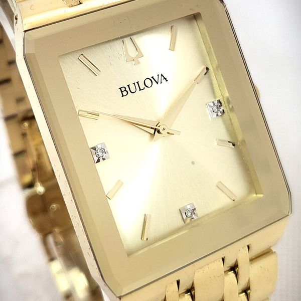 BULOVA $425 MEN'S QUADRA GOLD DIAMONDS CHAMPAGNE DIAL RECTANGLE WATCH ...
