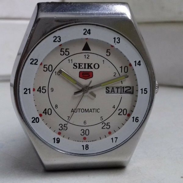 SEIKO 5 RAILWAY TIME AUTOMATIC DAY&DATE WHITE COLOR DIAL NUMERIC FIGURE ...