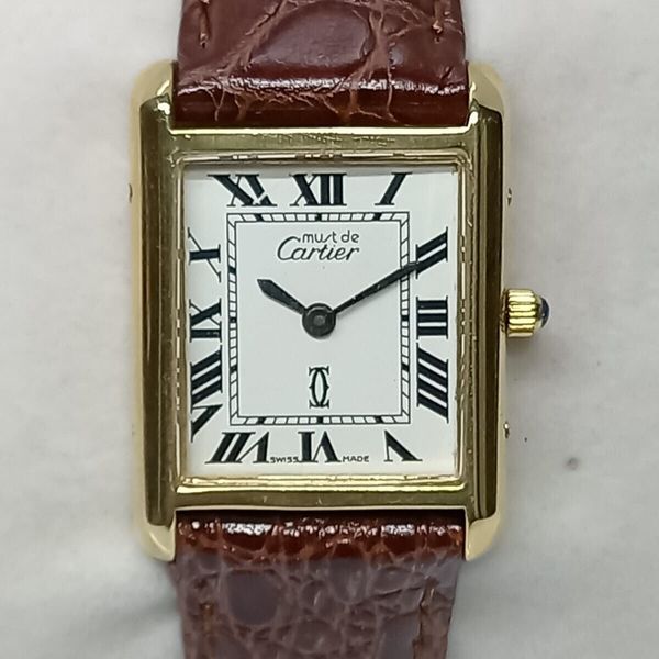 MENS MUST DE CARTIER ROMANS NUMBERS TANK MANUAL WIND 18K ELECTROPLATED ...