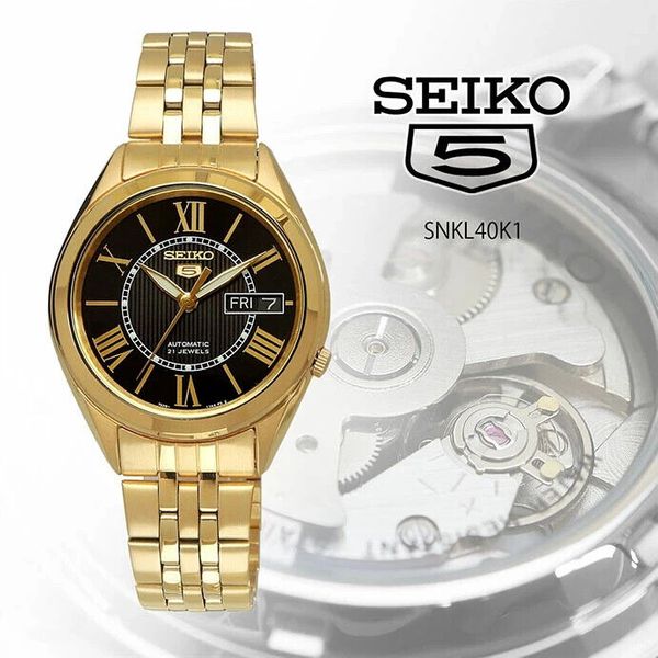 Seiko 5 Automatic Black Dial Gold Stainless Steel Band SNKL40K1 Men's ...
