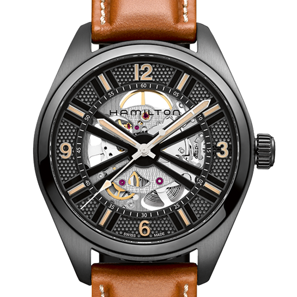 Hamilton Khaki Field Skeleton Auto Black Dial Leather Band Men Watch ...
