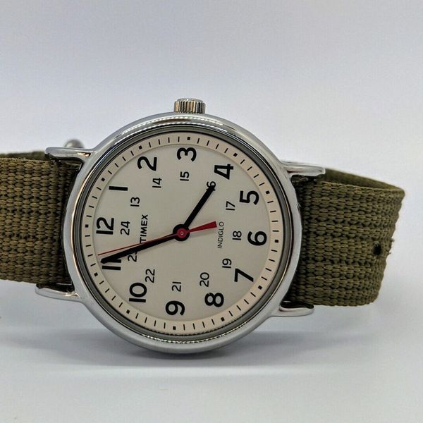 Timex Weekender Analog Beige Dial Unisex Watch TZN651 Olive Nylan Strap ...