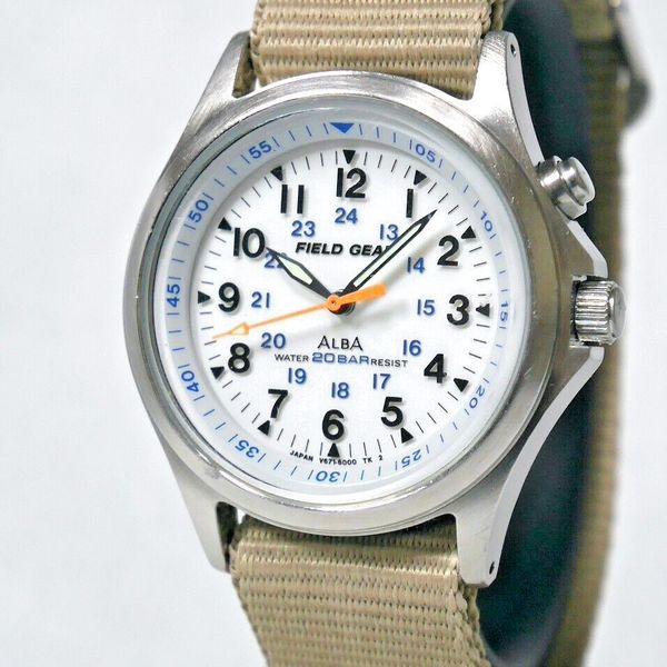 SEIKO ALBA FIELD GEAR Military Watch V671-6000 White Dial Backlight ...