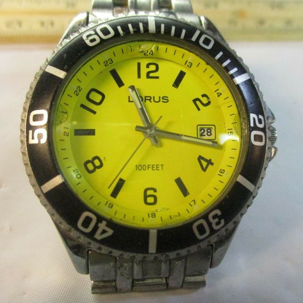 Men's Lorus Yellow Dial Silver Tone Band Watch LR1054 Date WR100'~ runs ...