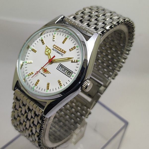 citizen automatic men steel excellent White dial day date watch working ...