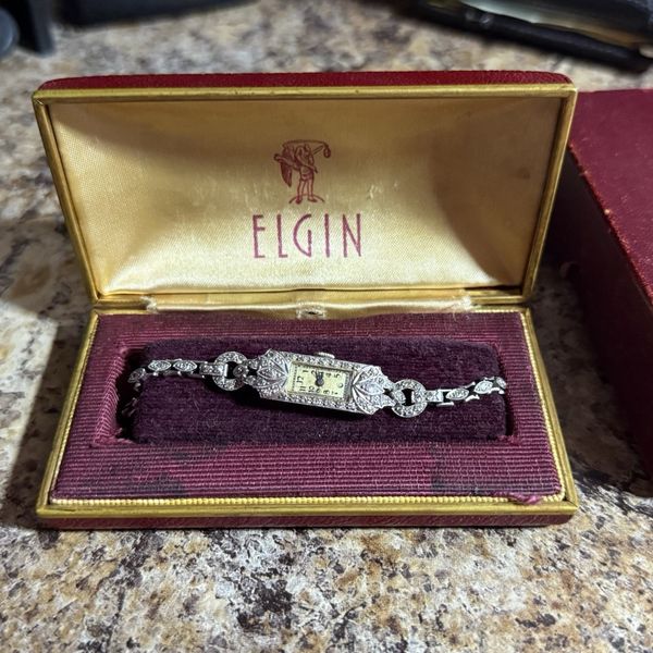 Antique Elgin Diamond And Platinum/Iridium Ladyâ s Watch With Original ...