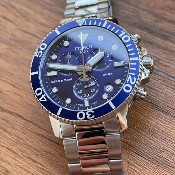 Tissot Seastar 1000 chrono blue dial 45mm all stainless steel pre owned ...
