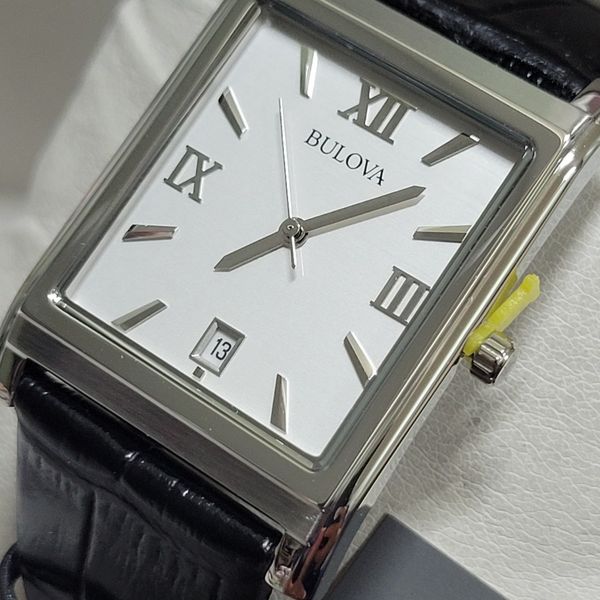 Bulova 96B107 41mm Silver Stainless Steel Case with Black Leather Strap ...