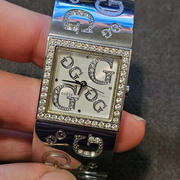 Guess Watch Women Silver Tone Round Pave Bezel Logo Cuff Band ...