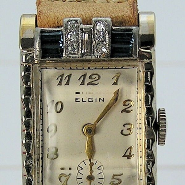 Elgin 1940's Deco Men's Watch Rhinestone Jeweled Favre-Perret Case ...