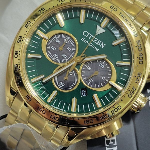 NEWâ Citizen Carson Green Dial Tachymeter Gold Tone Steel Men's Watch ...
