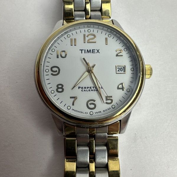 TIMEX PERPETUAL CALENDAR INDIGLO WATCH GOLDTONE/SILVERTONE WR50M Needs ...