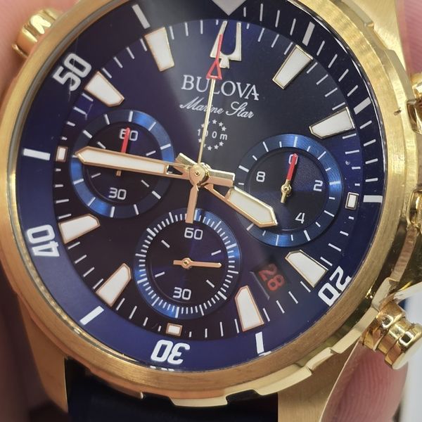 Bulova Men's Marine Star Quartz Chronograph Calendar Blue Gold Watch ...