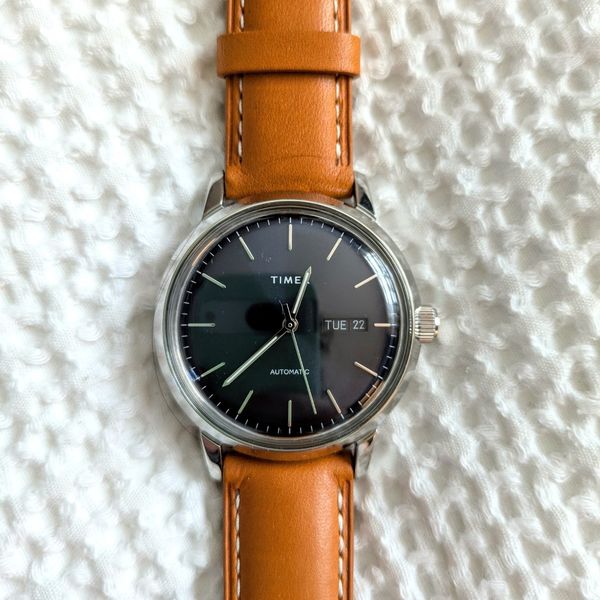 Timex Marlin Automatic 40 Black Dial Men's Watch Brown Leather Straps ...