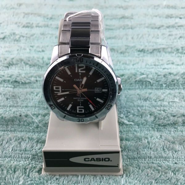 Casio Men's Silver Tone Stainless Steel Black Dial Analog Watch ...