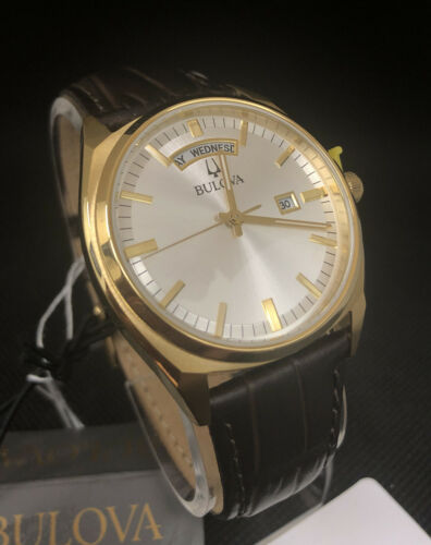 Bulova Men's Quartz Day-Date Calendar Gold Tone Leather Band 39 mm ...