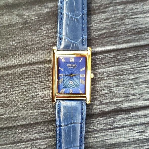 Men's Slim Seiko Gold Tank Rectangular Blue Dial Blue Leather New Mvt ...