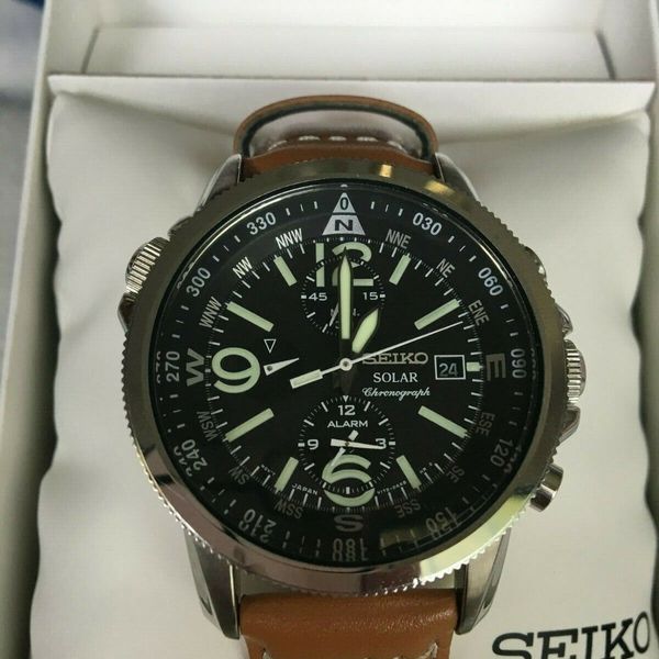 SEIKO Men Solar Alarm Chronograph Chrono SSC081 WATCH Tan Leather Strap ...