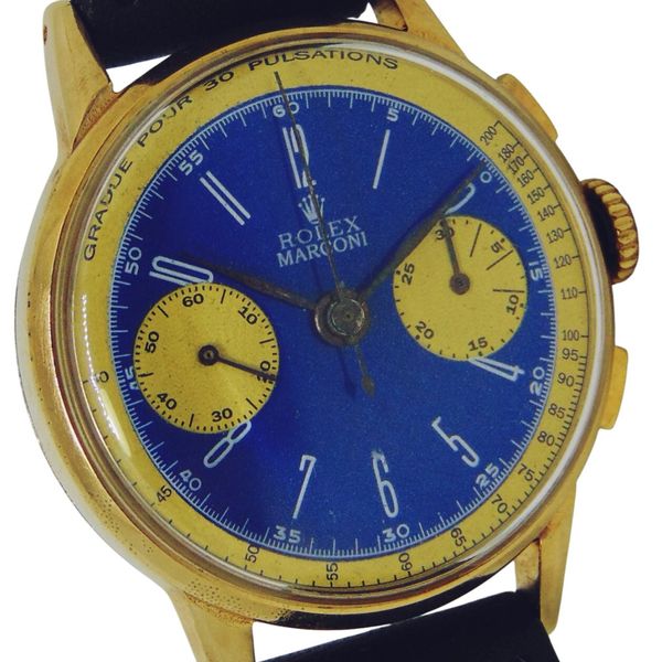 vtg ROLEX Marconi chronograph blue dial 18k gold plate case men watch ...