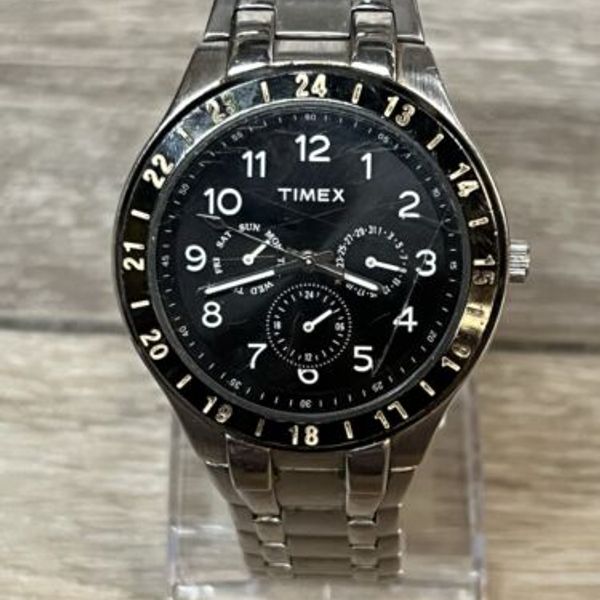 Timex T2N974 SR916SW Silver Tone Day Date Black Dial Men'S Watch 41mm ...