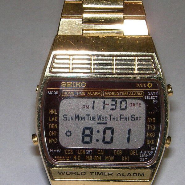 Seiko world timer alarm wristwatch A239-5000 gold color + original ...