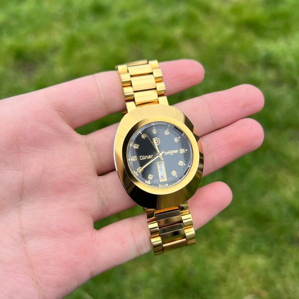 Rado Dinar Dinastar Gold-Tone Watch Black Dial Day-Date Elegant Design ...