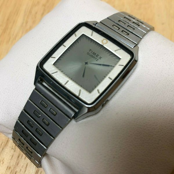 Vintage Timex Mens Silver Square LCD Dial Analog Quartz Watch Hours~New ...
