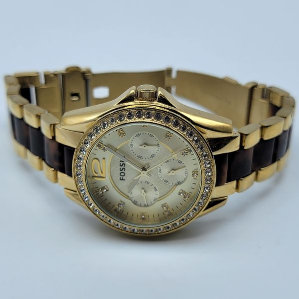 Fossil Riley Watch 37mm Gold Tone Tortoise Brown Resin Band 6.75" , New ...